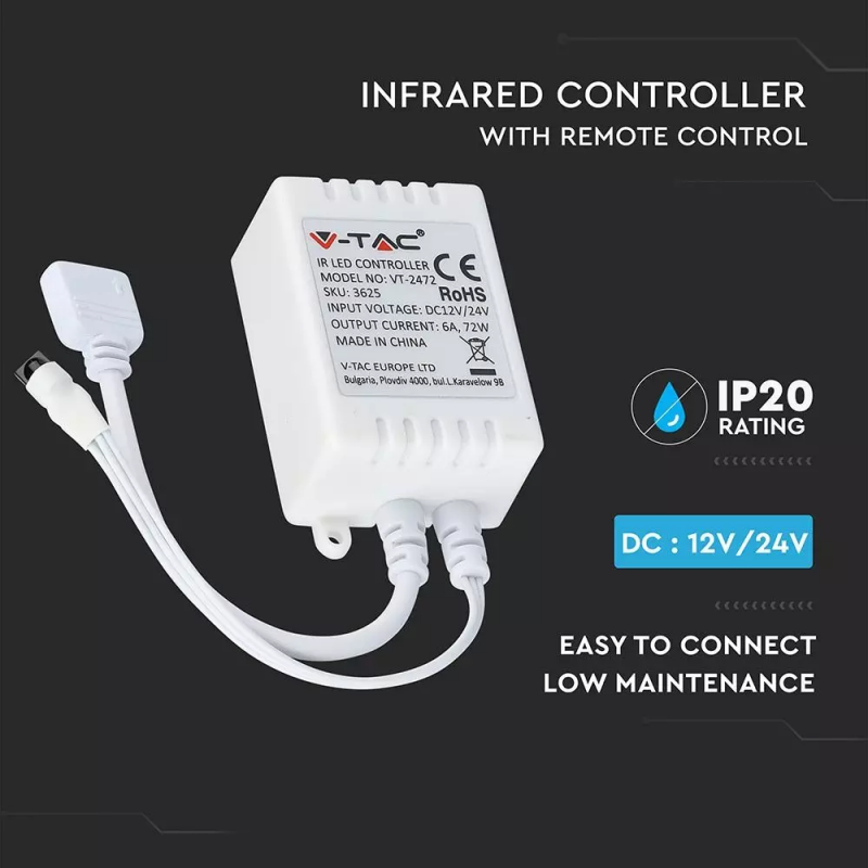 VTAC CONTROLLER CON TELECOMANDO A INFRAROSSO PER STRISCE LED RGB 12VDC ...
