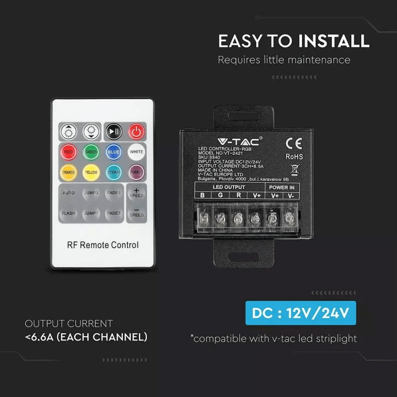 VTAC CONTROLLER CON TELECOMANDO PER STRISCE LED RGB 12VDC/240W 24VDC ...