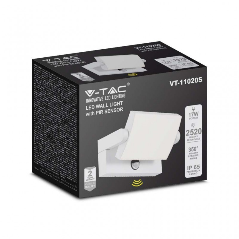 VTAC APPLIQUE LED 17W 3000K IP65 120LM/W BIANCO CON SENSORE - SKU: 2938 ...