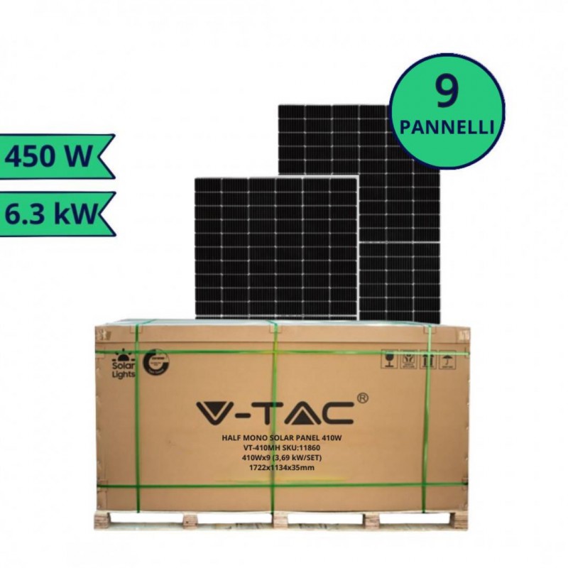 V-TAC PALLET DA 3,6kW (3.69 kW) CON 9 PANNELLI SOLARI FOTOVOLTAICI MONOCRISTALLINI 410W ...